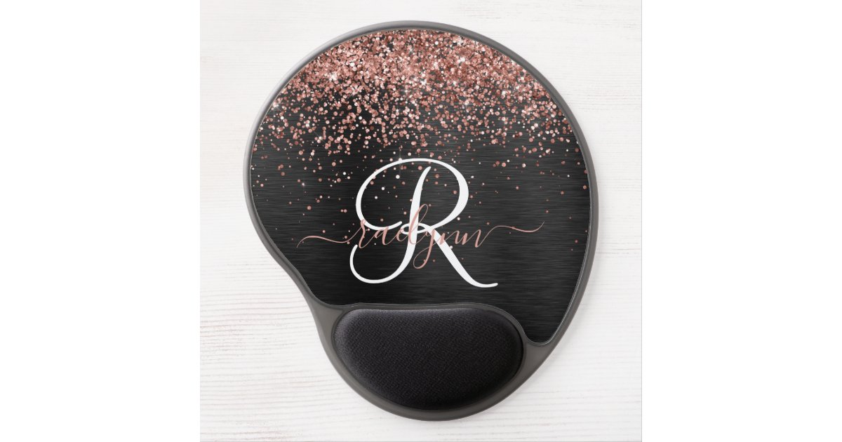 Custom Rose Gold Glitter Black Sparkle Monogram Gel Mouse Pad | Zazzle