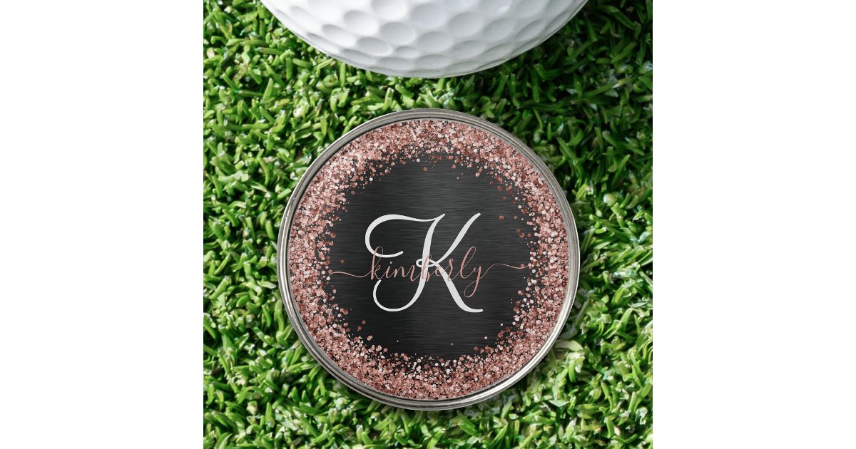 Custom Rose Gold Glitter Black Sparkle Monogram Golf Ball Marker | Zazzle