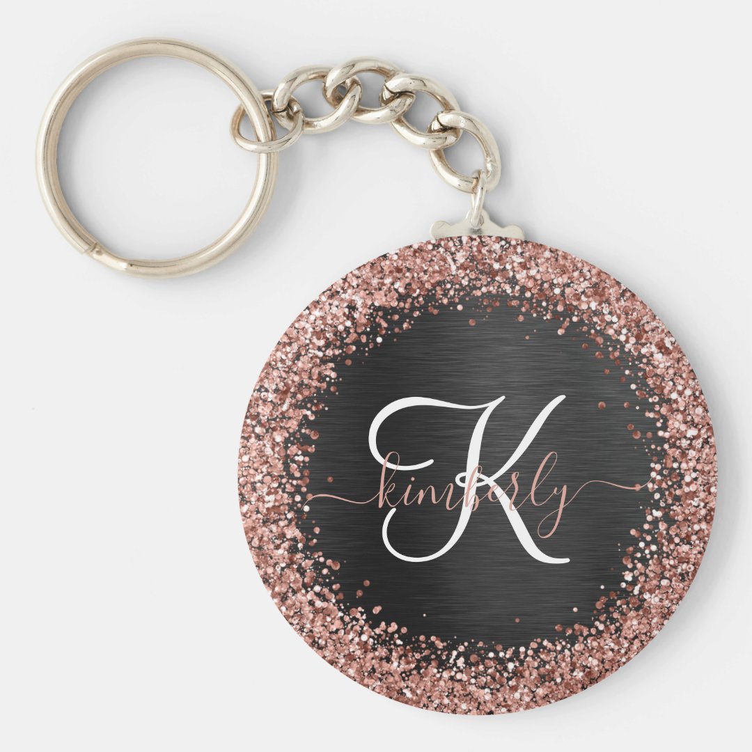 Custom Rose Gold Glitter Black Sparkle Monogram Keychain | Zazzle