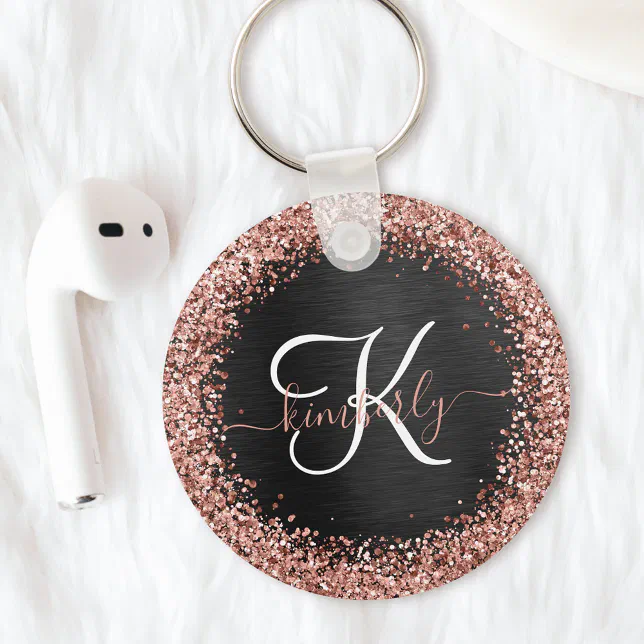 Custom Rose Gold Glitter Black Sparkle Monogram Keychain | Zazzle