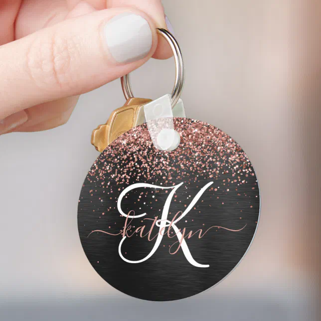 Custom Rose Gold Glitter Black Sparkle Monogram Keychain | Zazzle