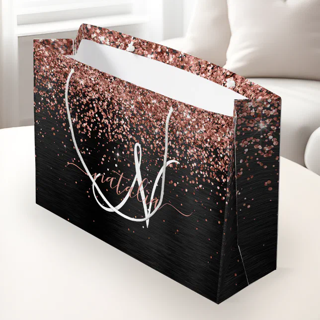 Custom Rose Gold Glitter Black Sparkle Monogram Large Gift Bag | Zazzle