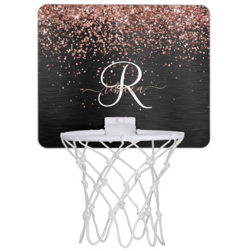 Custom Rose Gold Glitter Black Sparkle Monogram Mini Basketball Hoop ...