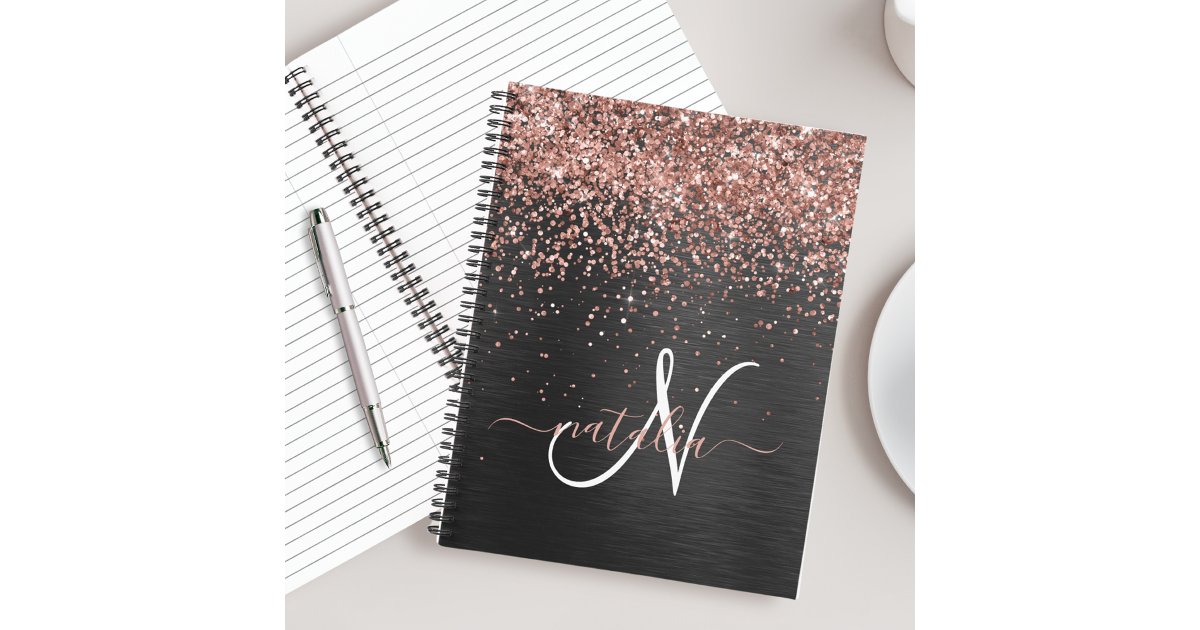 Custom Rose Gold Glitter Black Sparkle Monogram Notebook | Zazzle