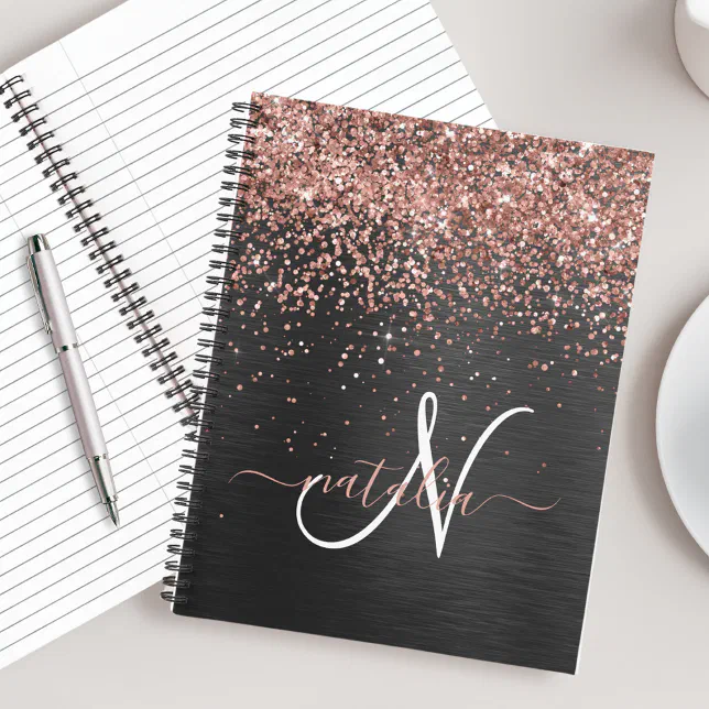 Custom Rose Gold Glitter Black Sparkle Monogram Notebook | Zazzle