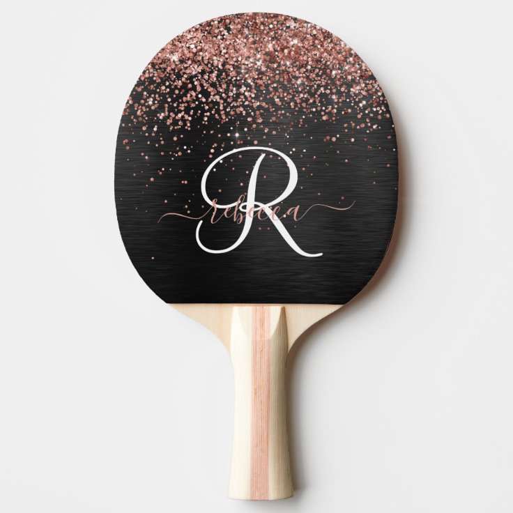 Custom Rose Gold Glitter Black Sparkle Monogram Ping Pong Paddle | Zazzle