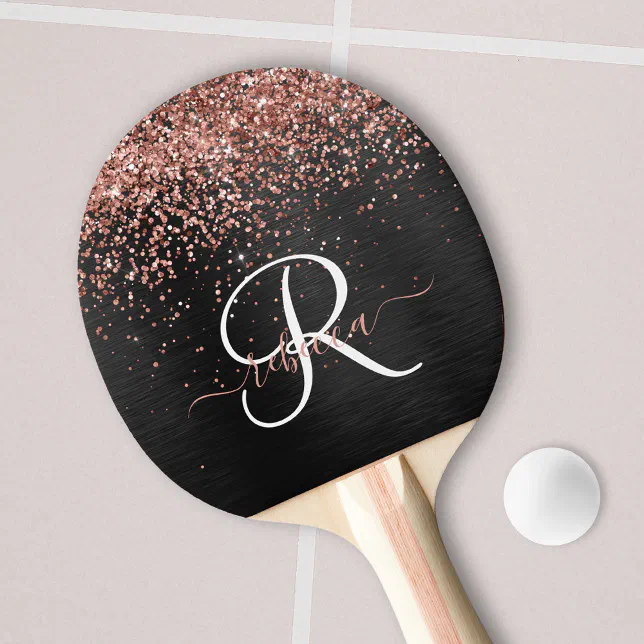 Custom Rose Gold Glitter Black Sparkle Monogram Ping Pong Paddle | Zazzle