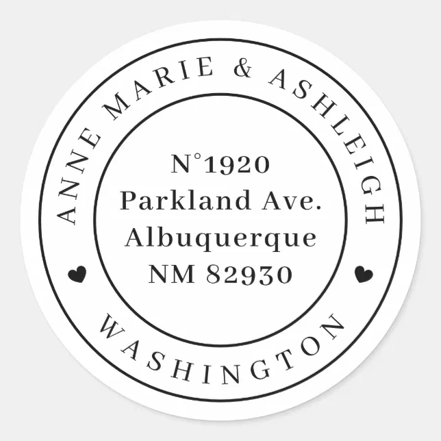 Custom Round Heart Wedding Names Return Address Classic Round Sticker ...