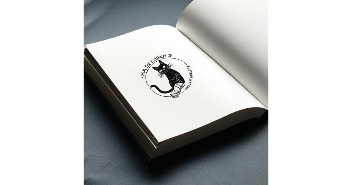 Custom Round Library Cat Bookplate Rubber Stamp | Zazzle