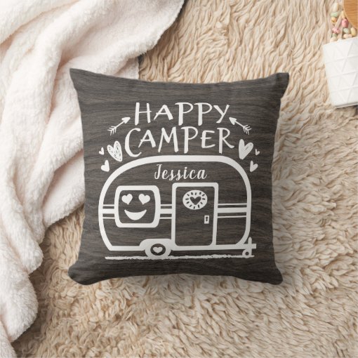 Custom Rustic Camping Happy Camper Dark Rv Throw Pillow | Zazzle