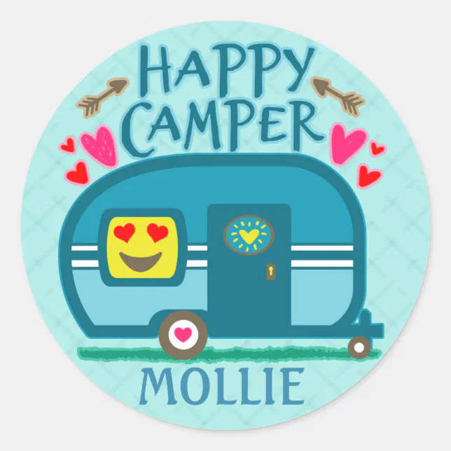 Custom Rustic Camping Happy Camper RVing Classic Round Sticker | Zazzle