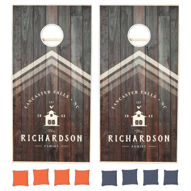 Custom Rustic Family Name Farmhouse Country Barn Cornhole Set | Zazzle