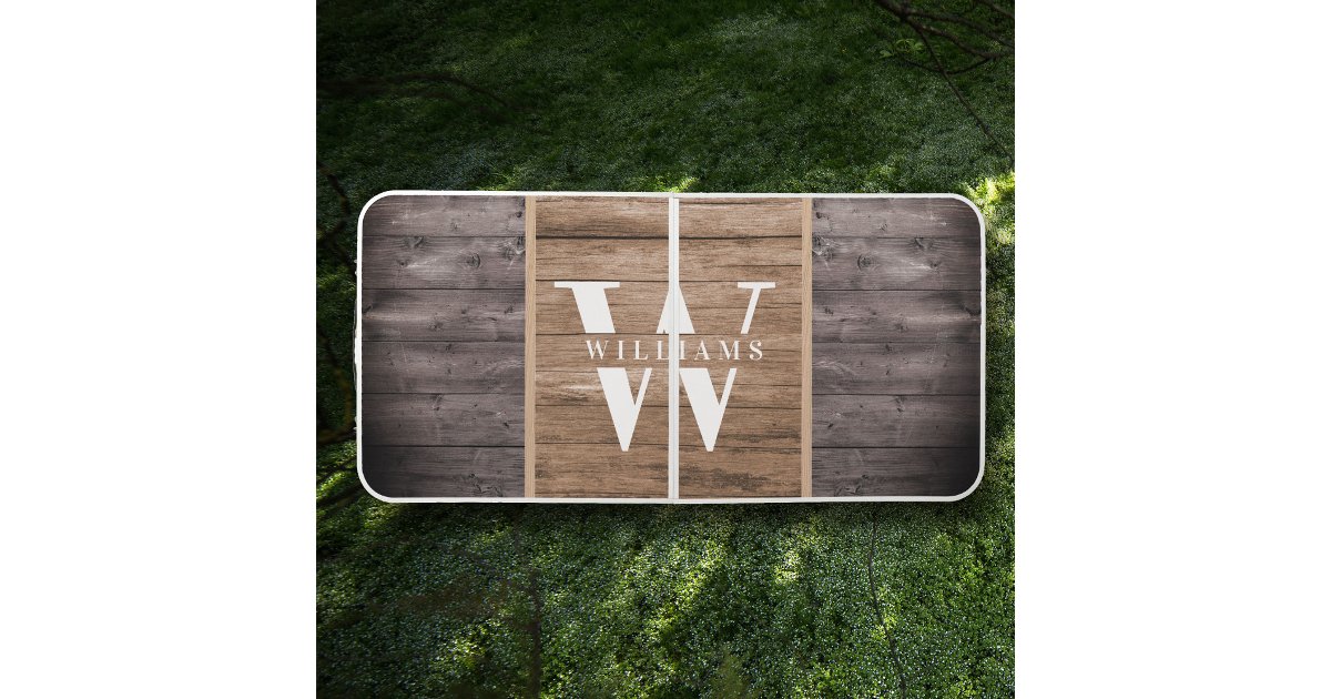 Custom Rustic Farmhouse Family Monogram Wood Tone Beer Pong Table | Zazzle