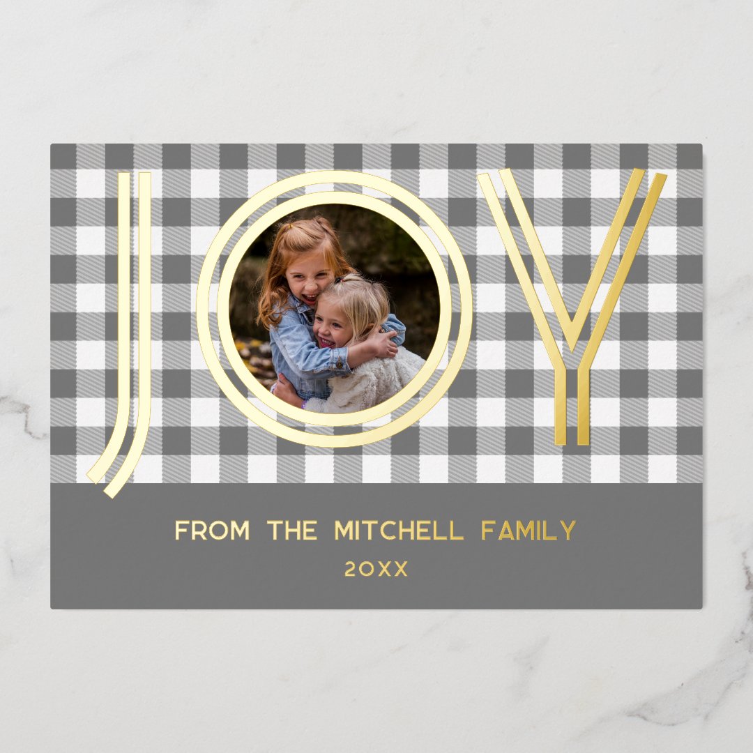 Custom Rustic Modern Gray Buffalo Lumberjack Gold Foil Holiday Card ...