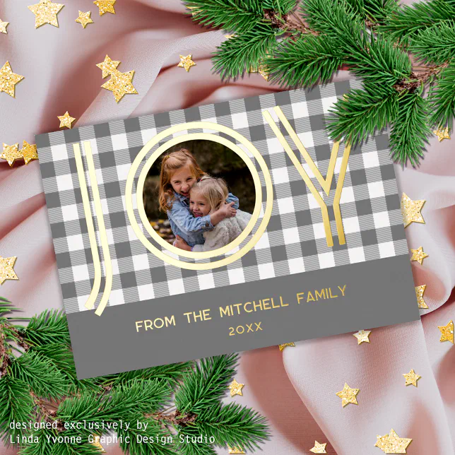 Custom Rustic Modern Gray Buffalo Lumberjack Gold Foil Holiday Card ...
