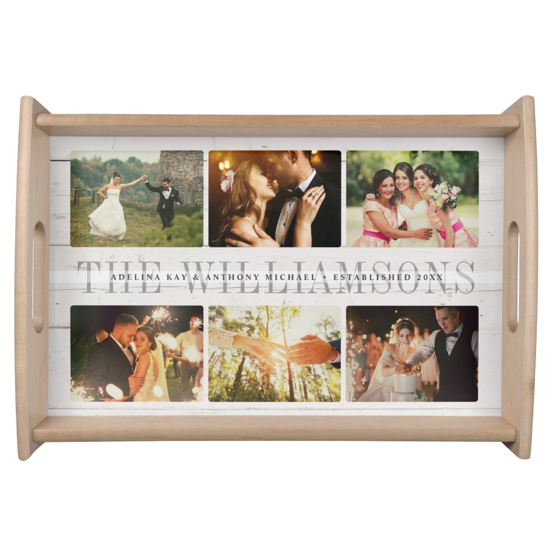 Custom Rustic Wedding Family Name Photo Collage Serving Tray | Zazzle