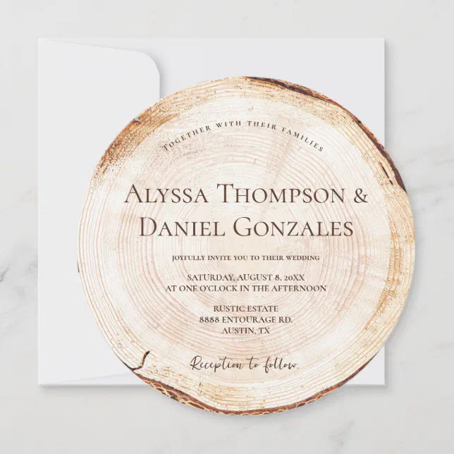 Custom Rustic Wedding Wood Cut Grain Slice Invitation | Zazzle