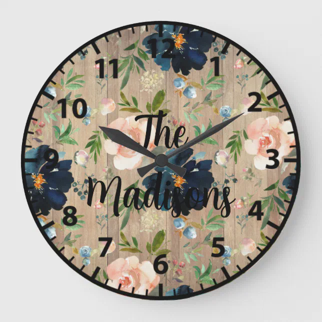 Custom Rustic Wood Flowers Navy Blue Pink Roses Large Clock | Zazzle