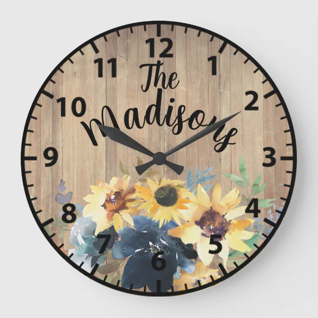 Custom Rustic Wood Flowers Sunflowers Large Clock | Zazzle