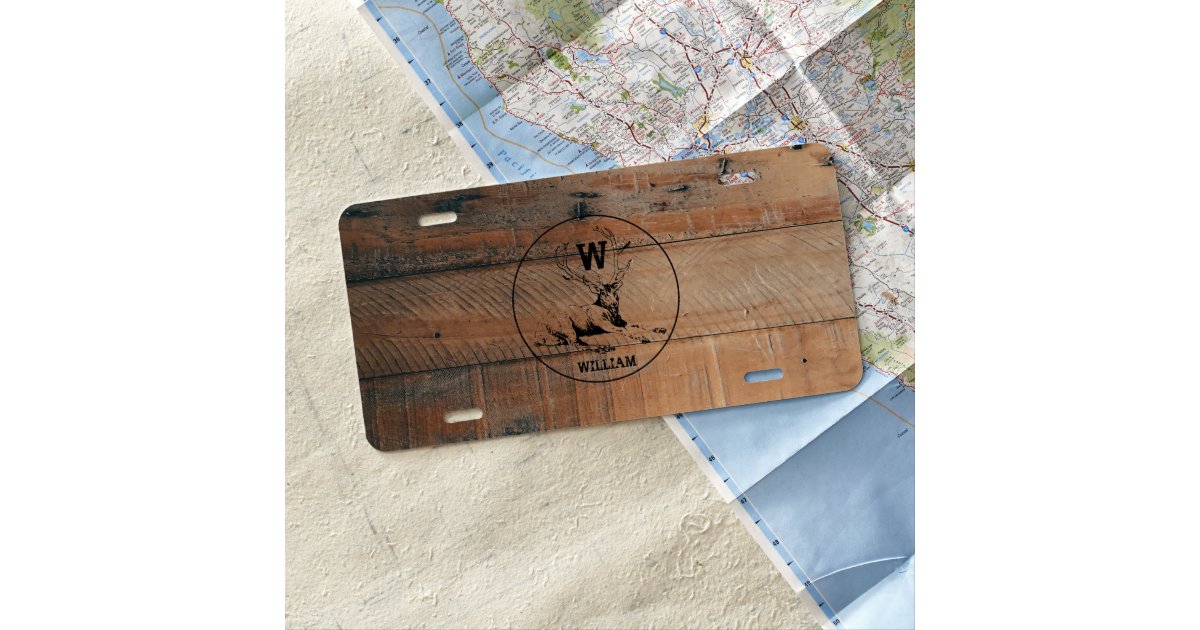 Custom Rustic Wood Texture & Deer Monogram License Plate | Zazzle