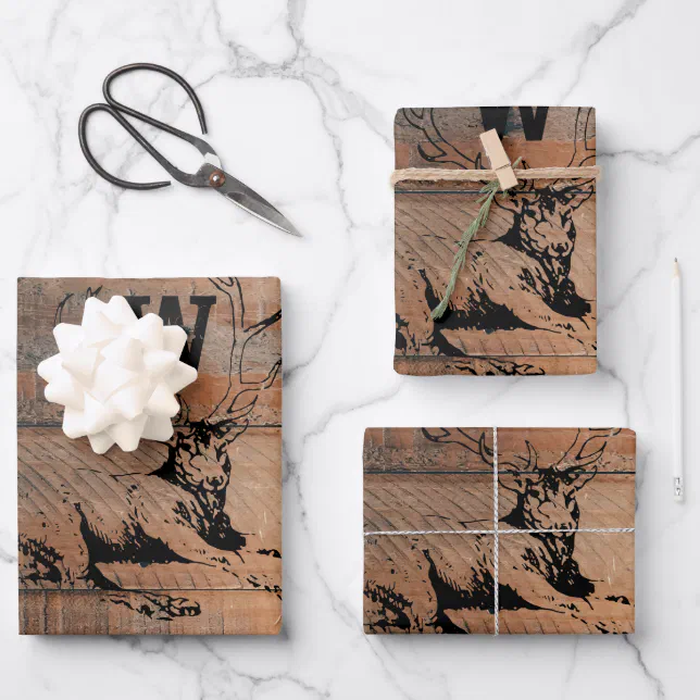 Custom Rustic Wood Texture & Deer Monogram Wrapping Paper Sheets | Zazzle