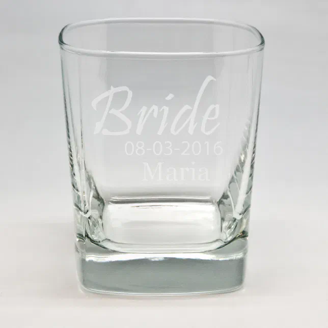 Custom Sand Etched Bridal Party Square Rocks Glass | Zazzle