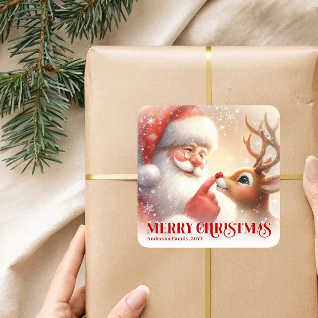 Custom Santa and Rudolph Joyful Christmas Kids Square Sticker | Zazzle