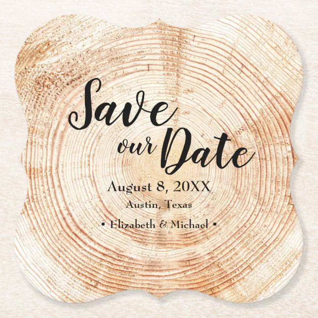 Custom Save our date Wood grain Wedding Rustic Paper Coaster | Zazzle