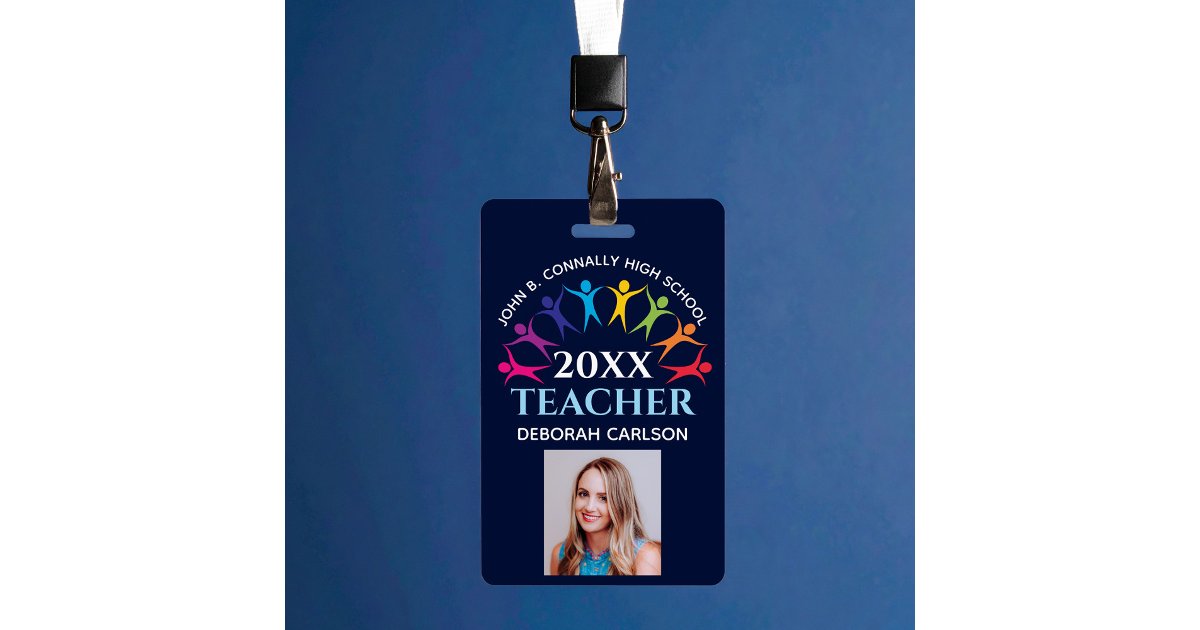 Custom School Teacher Cute Rainbow Name Bar Code Badge | Zazzle