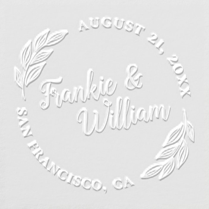 Custom Script & Elegant Leaves | Round Wedding Embosser | Zazzle.com