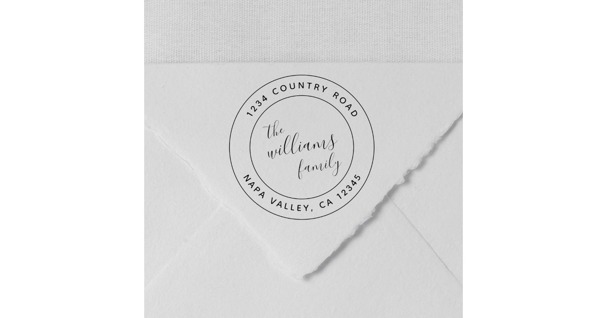 Custom Script Family Name Round Return Address Rubber Stamp | Zazzle