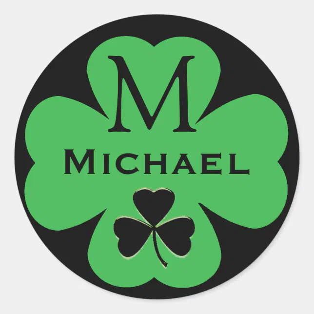 Custom Shamrock with Monogram and Name Classic Round Sticker | Zazzle