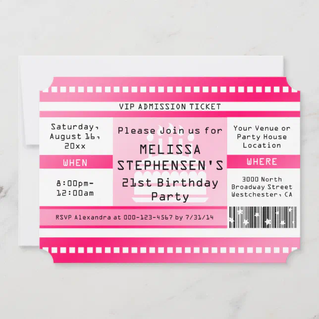 Custom Shape Pink Birthday Party Admission Ticket Invitation | Zazzle