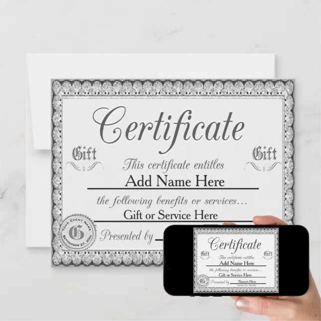 Custom Silver Gift Certificate for Invitations | Zazzle