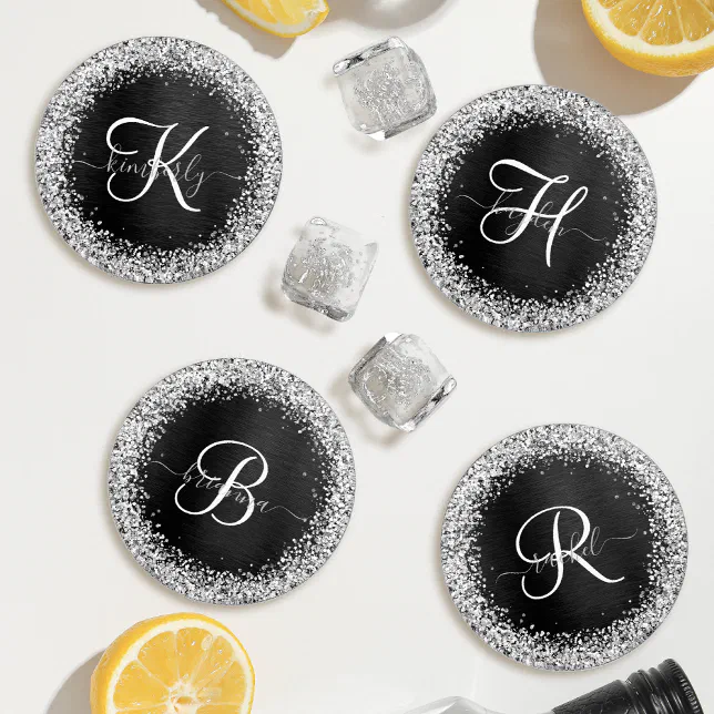 Custom Silver Glitter Black Sparkle Monogram Coaster Set | Zazzle
