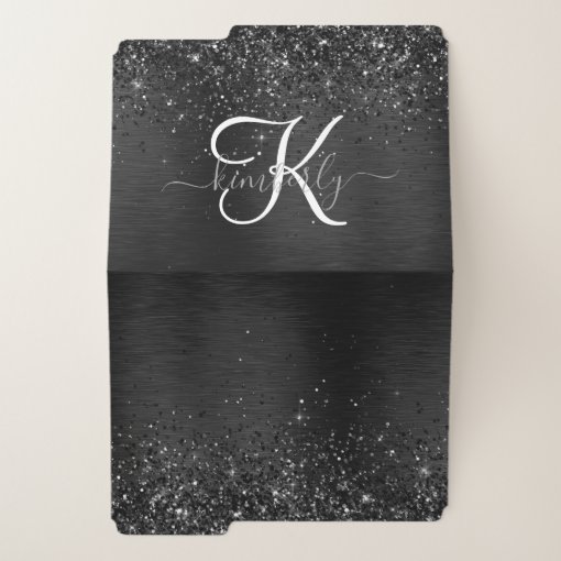Custom Silver Glitter Black Sparkle Monogram File File Folder | Zazzle