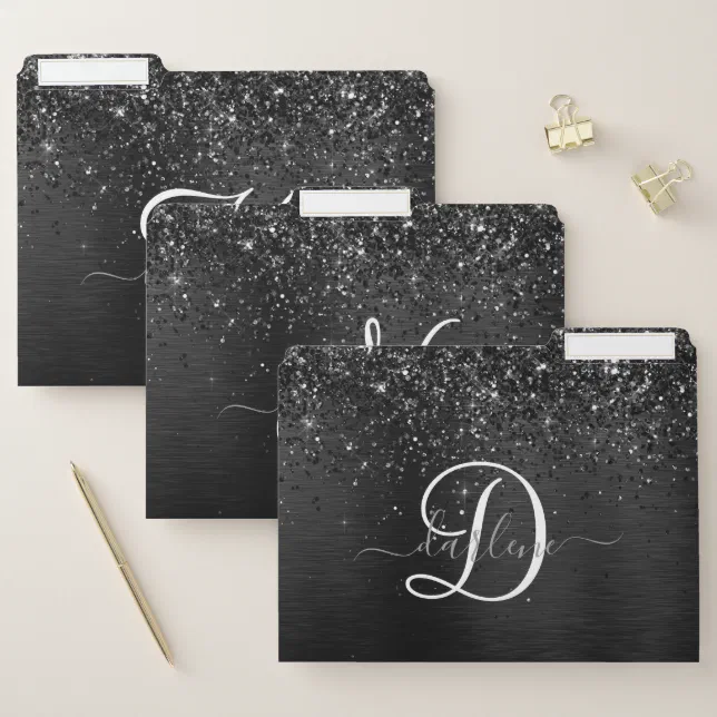 Custom Silver Glitter Black Sparkle Monogram File File Folder | Zazzle