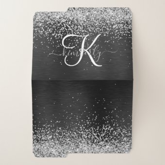 Custom Silver Glitter Black Sparkle Monogram File Folder | Zazzle
