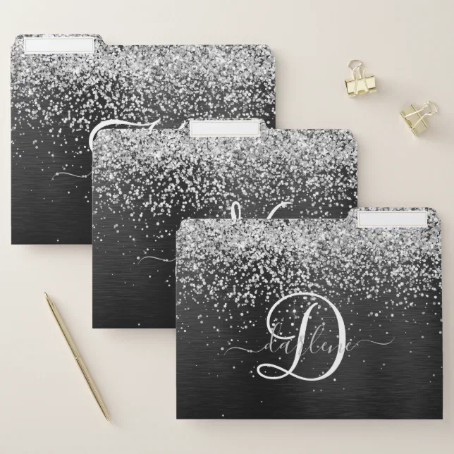 Custom Silver Glitter Black Sparkle Monogram File Folder | Zazzle