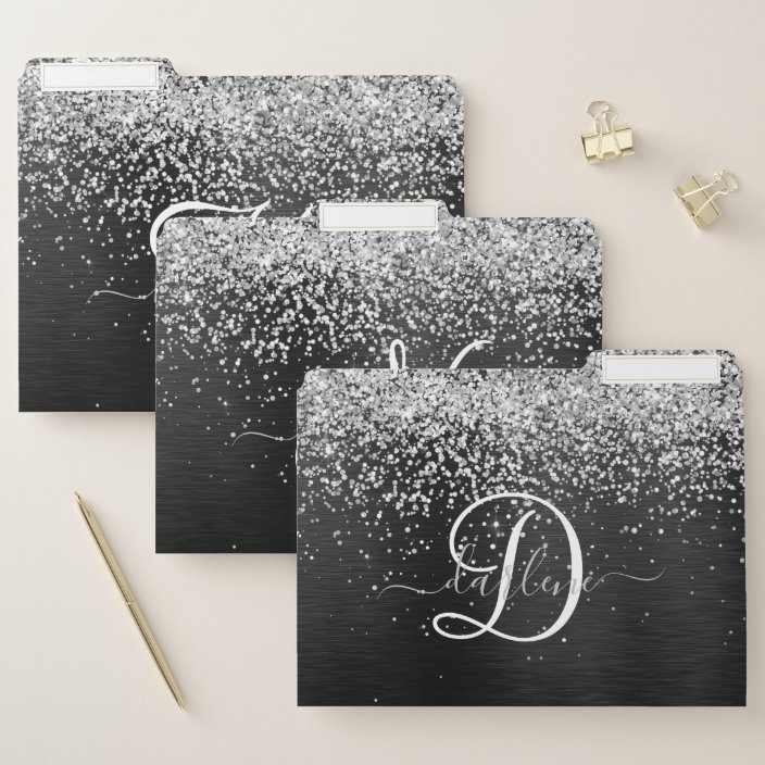 Custom Silver Glitter Black Sparkle Monogram File Folder | Zazzle.com