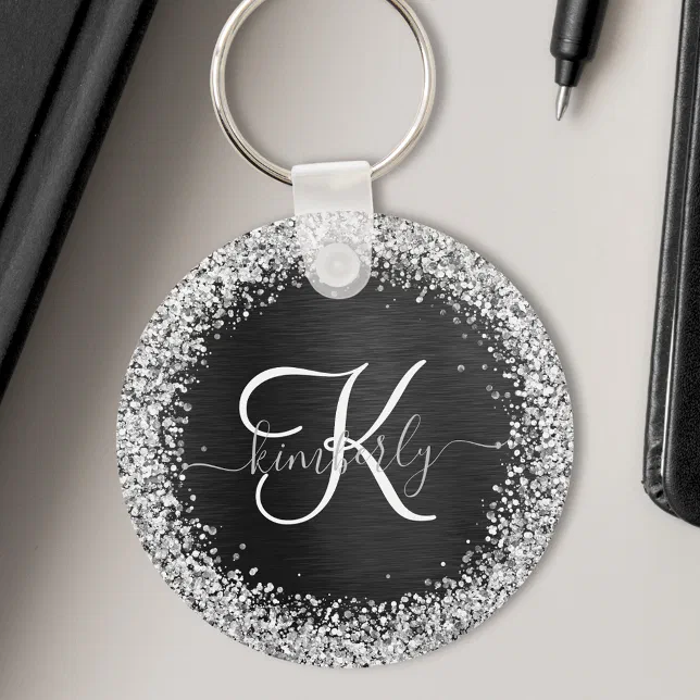 Custom Silver Glitter Black Sparkle Monogram Keychain | Zazzle