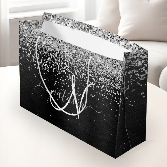 Custom Silver Glitter Black Sparkle Monogram Large Gift Bag | Zazzle