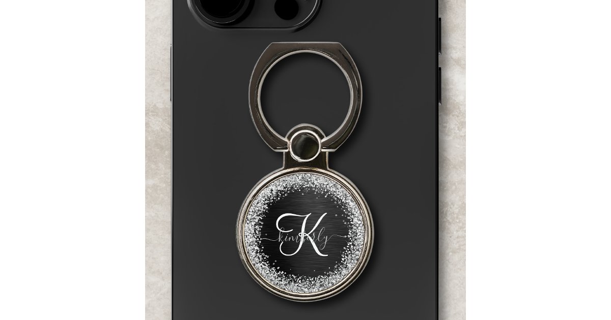 Custom Silver Glitter Black Sparkle Monogram Phone Ring Stand | Zazzle