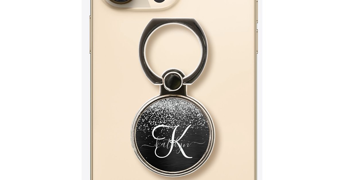 Custom Silver Glitter Black Sparkle Monogram Phone Ring Stand | Zazzle