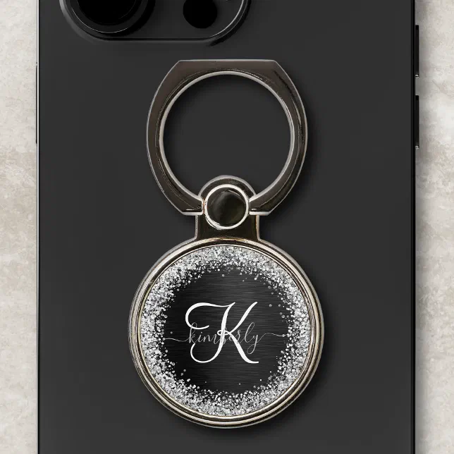 Custom Silver Glitter Black Sparkle Monogram Phone Ring Stand | Zazzle