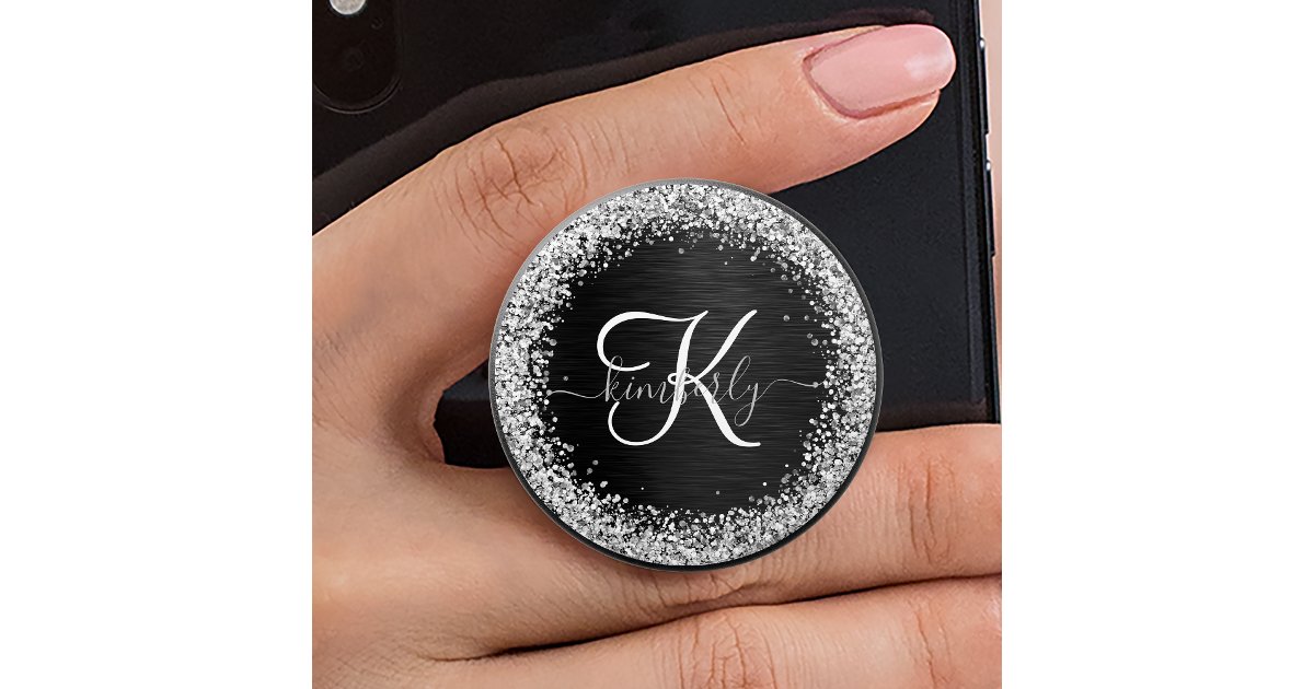 Custom Silver Glitter Black Sparkle Monogram PopSocket | Zazzle