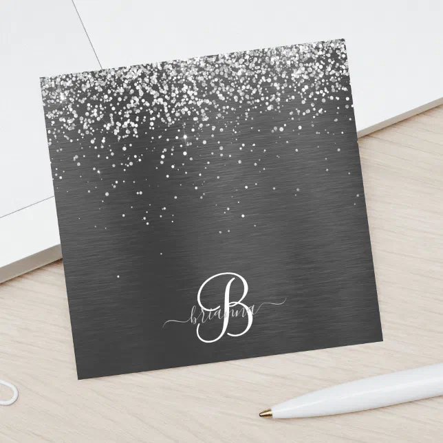 Custom Silver Glitter Black Sparkle Monogram Post-it Notes | Zazzle