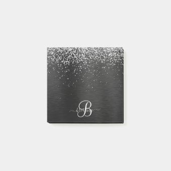 Custom Silver Glitter Black Sparkle Monogram Post-it Notes | Zazzle