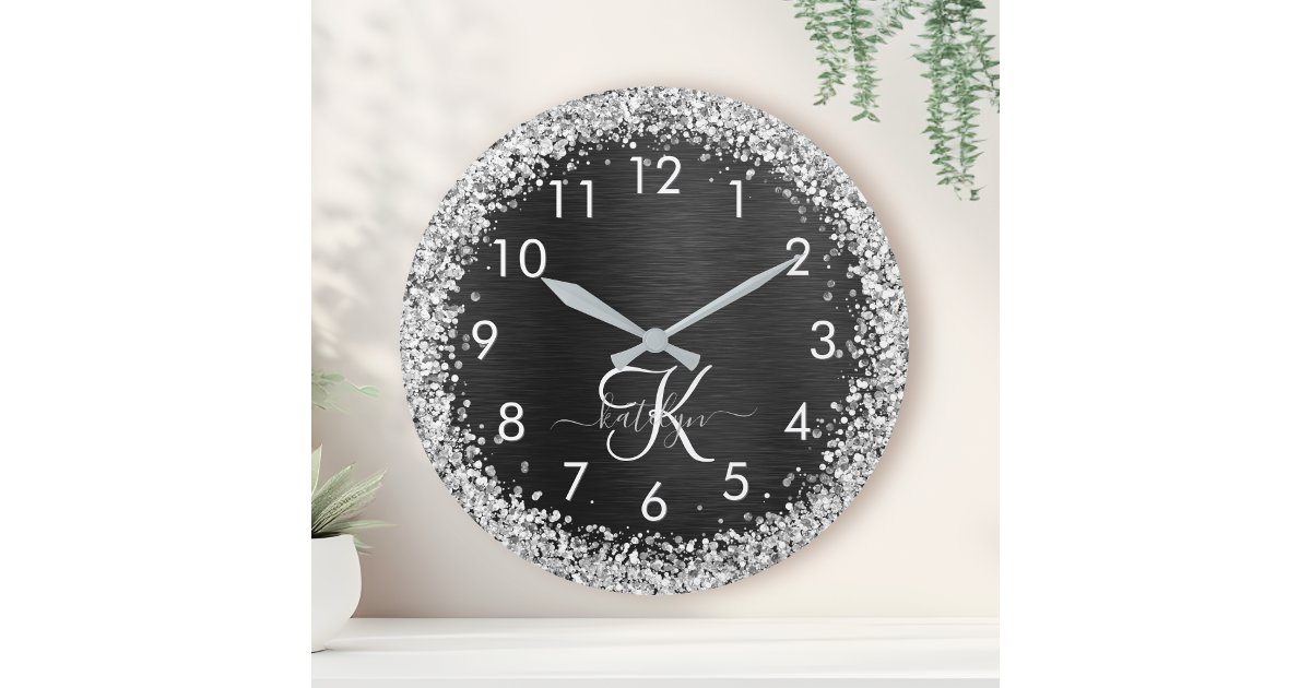 Custom Silver Glitter Black Sparkle Monogram Round Clock | Zazzle