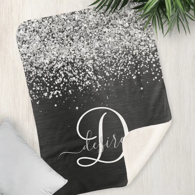Custom Silver Glitter Black Sparkle Monogram Sherpa Blanket | Zazzle